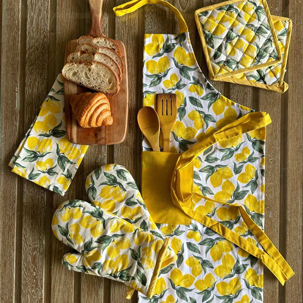 Oak & Lily Kitchen Combo – Lemon Print Apron, Oven Mittens & Pot Holde ...